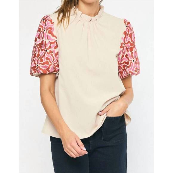 entro | Tops | New Entro Patterned Puff Sleeve Mock Neck Top In ...